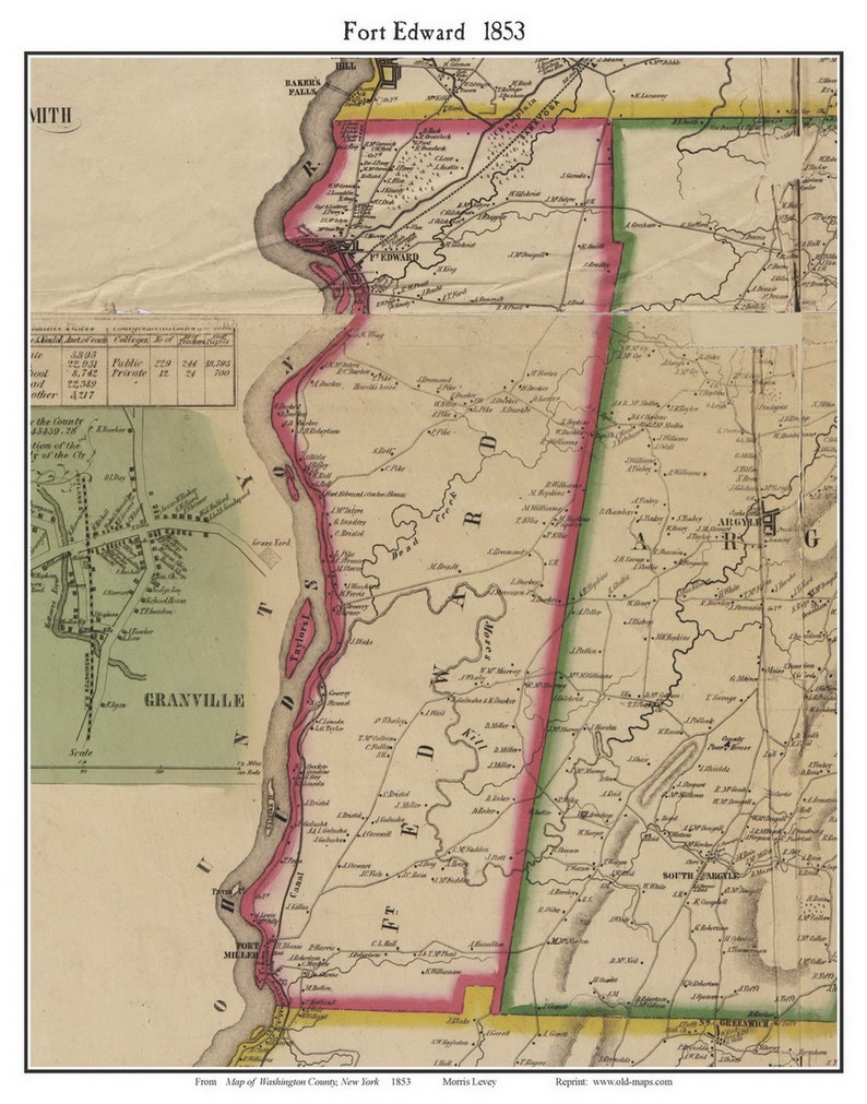 Fort Edward New York 1853 Map Fort Miller Hudson River - Washington Co ...