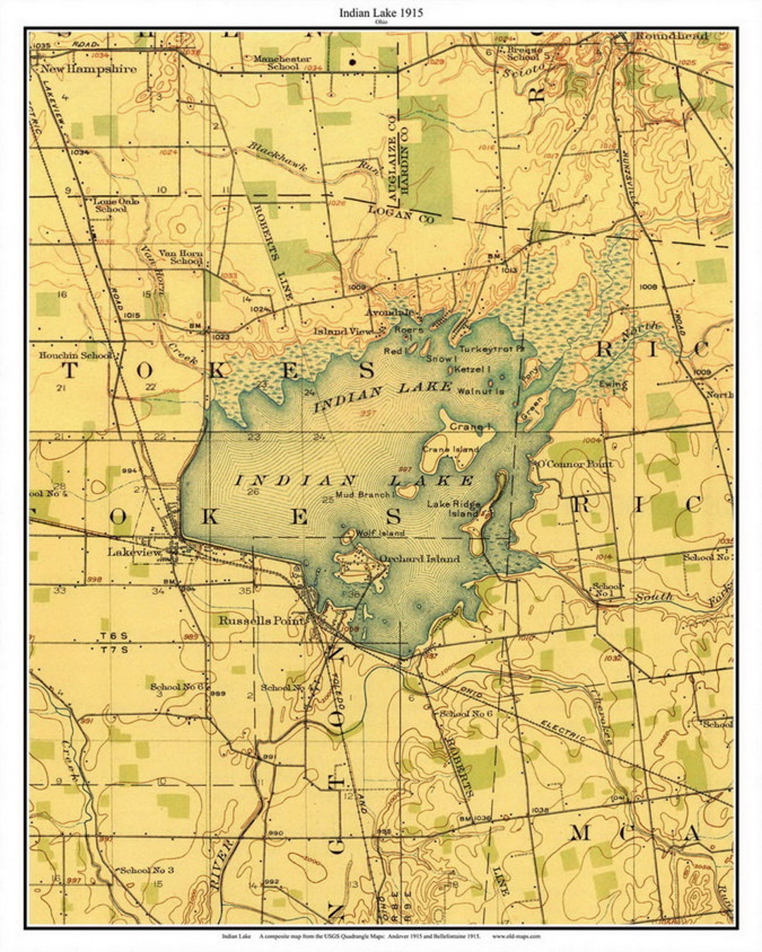 Indian Lake 1915 Old Topographic Map USGS - Orchard Island - Lakeview ...