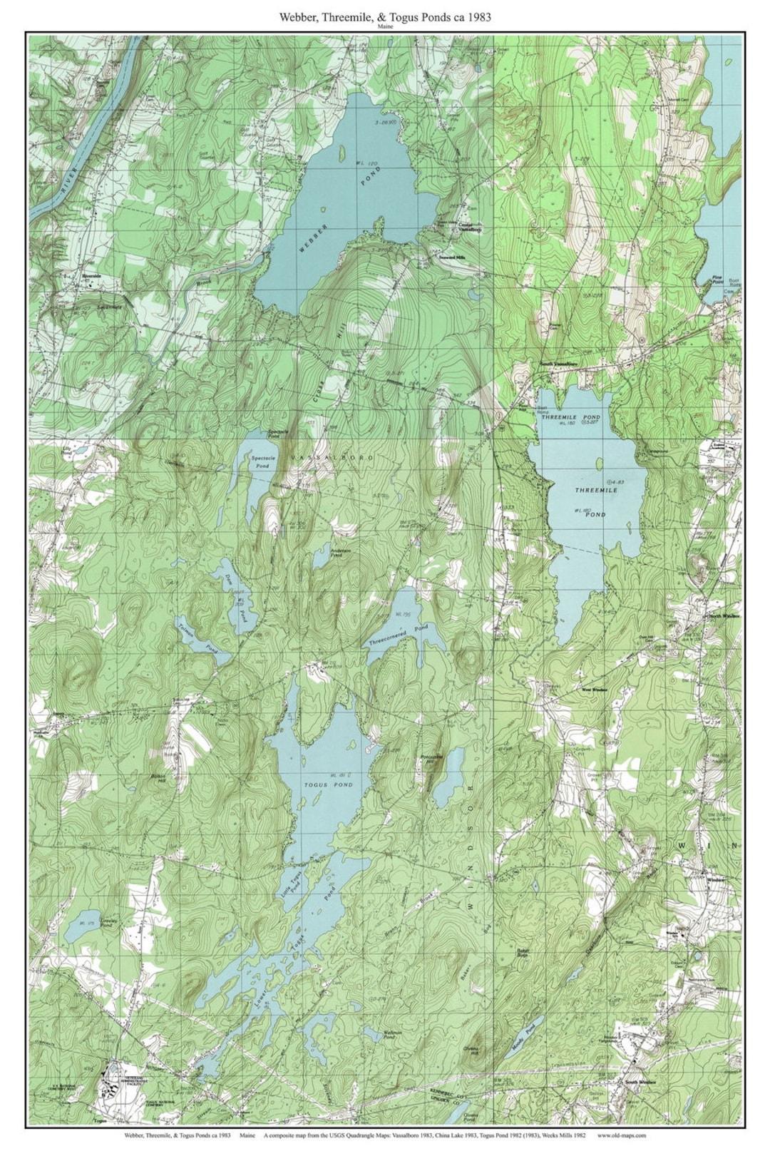 Webber, Threemile & Togus Ponds 1983 Topographic Map USGS 7x7 Custom ...