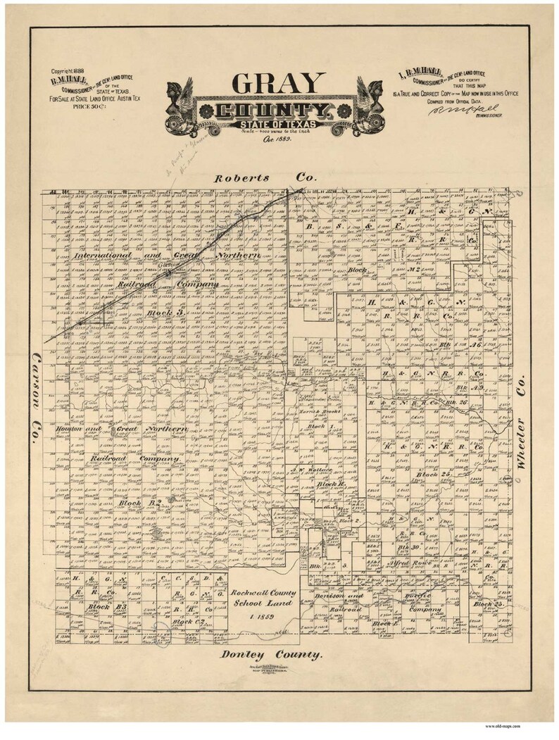 Gray County Texas 1889 Old Wall Map Reprint With Land | Etsy