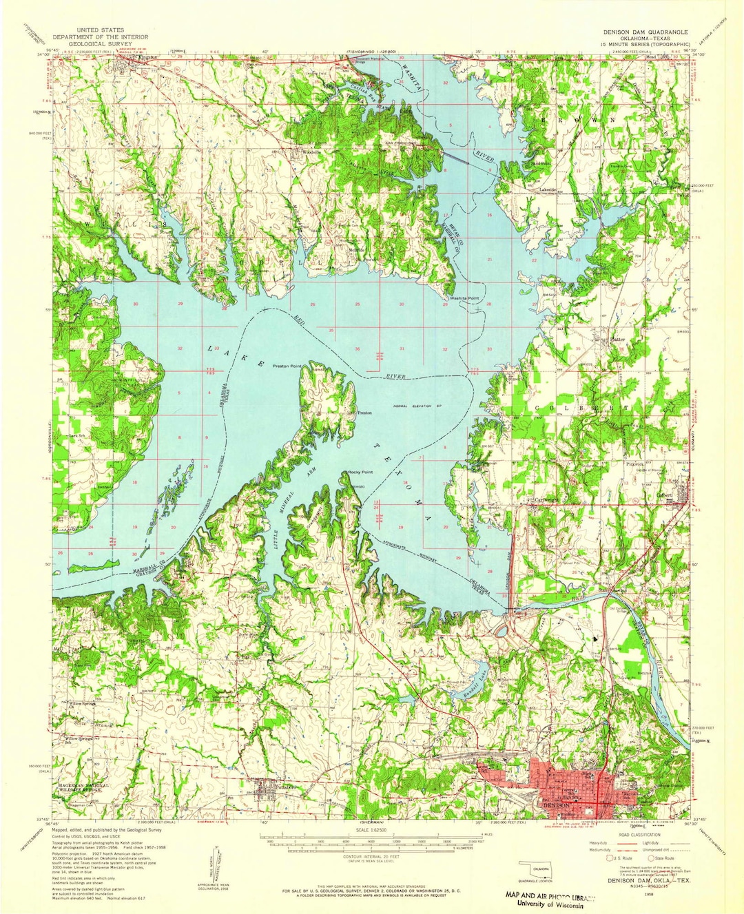 Denison Dam 1958 (1959) Old Topo Map - Colbert Texoma State Park Lake ...
