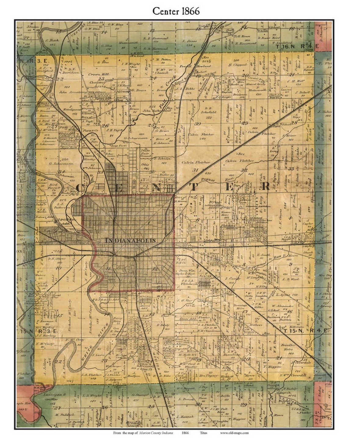 Center 1866 Old Town Map With Homeowner Names Indianapolis - Reprint ...
