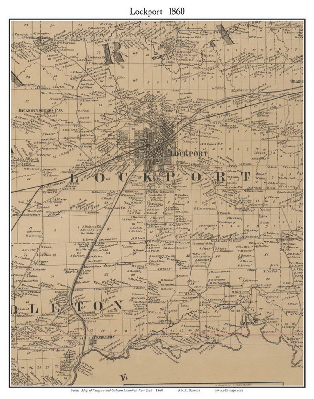 Lockport 1860 Old Town Map With Homeowner Names New York Niagara County ...