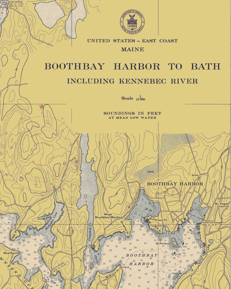 Boothbay Harbor to Bath Maine 1946 Nautical Map Harbors 2 | Etsy