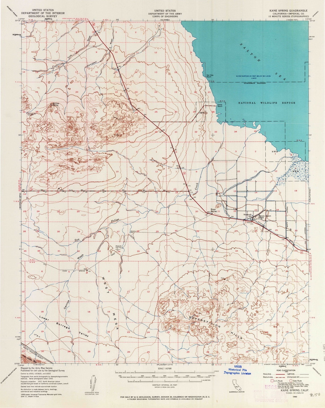 Kane Spring 1940 1963 Old Topo Map Salton Sea Quad Reprint 15x15 USGS ...