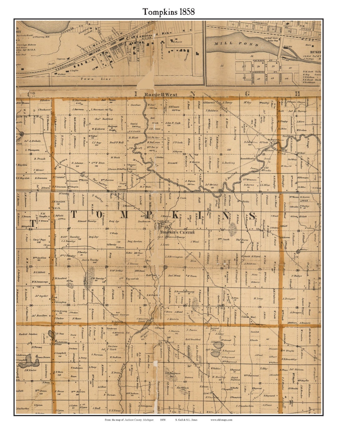 Tompkins 1858 Old Town Map With Homeowner Names - Michigan - Reprint ...