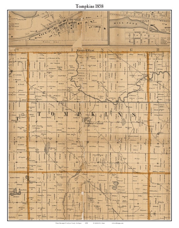 Tompkins 1858 Old Town Map With Homeowner Names Michigan | Etsy