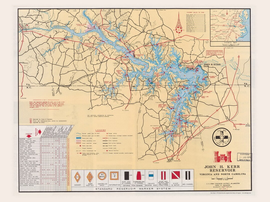John H. Kerr Reservoir 1970 Old Map Reprint Virginia - Etsy