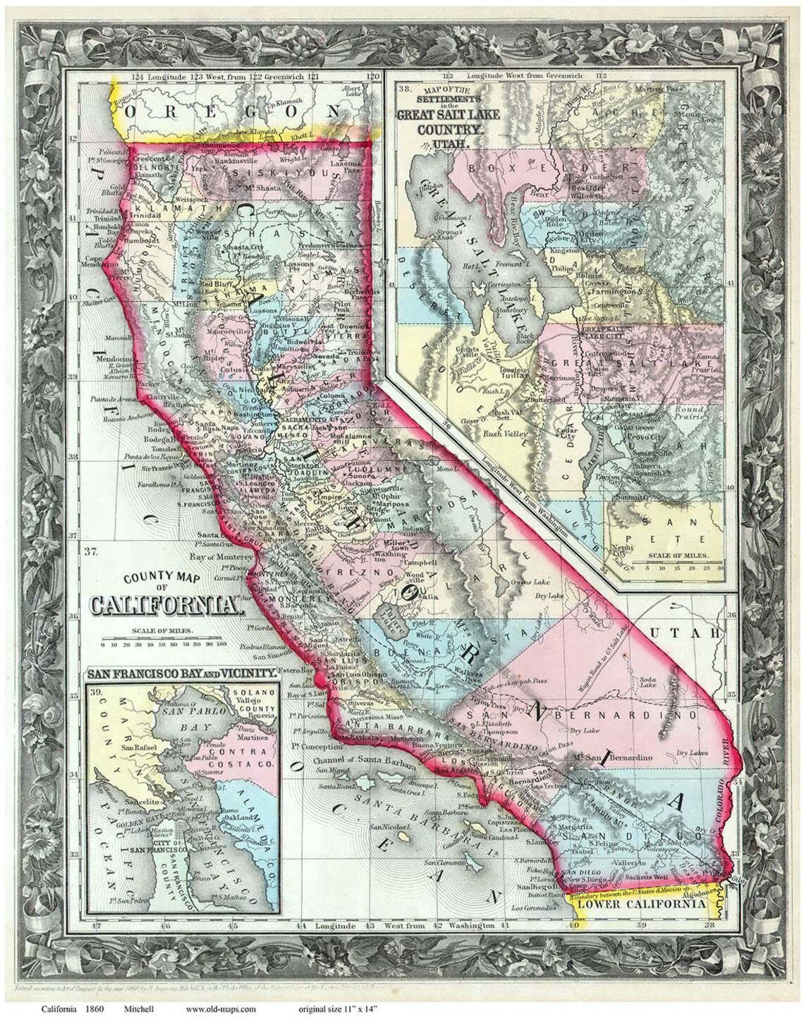 California 1860 Map Mitchell Old county Map - Etsy
