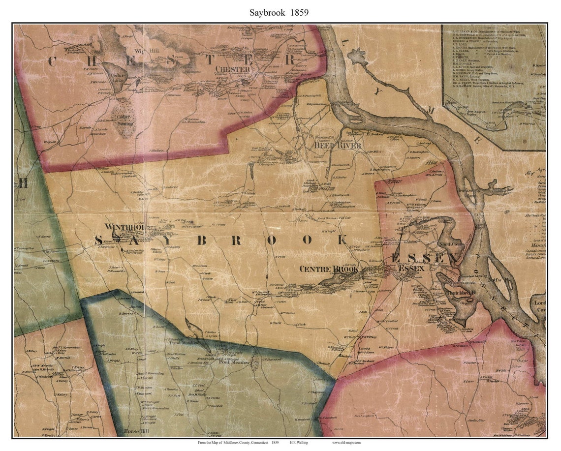 Saybrook 1859 Old Town Map With Homeowner Names Connecticut Reprint ...