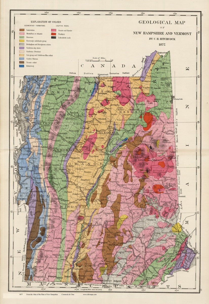 New Hampshire and Vermont Geology in 1877 - Old Map Reprint showing ...