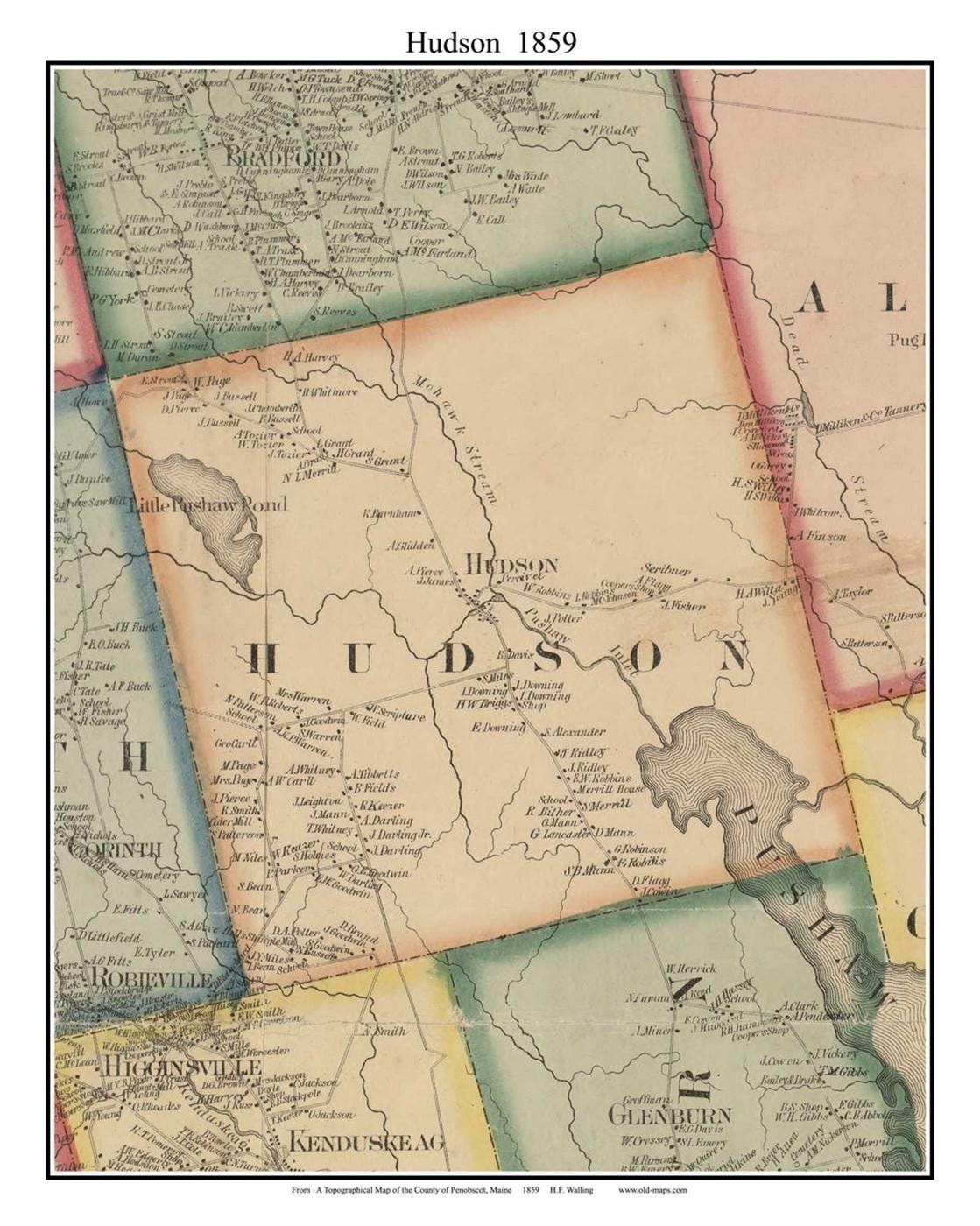 Hudson 1859 Old Town Map With Homeowner Names Maine Little Pushaw Pond ...