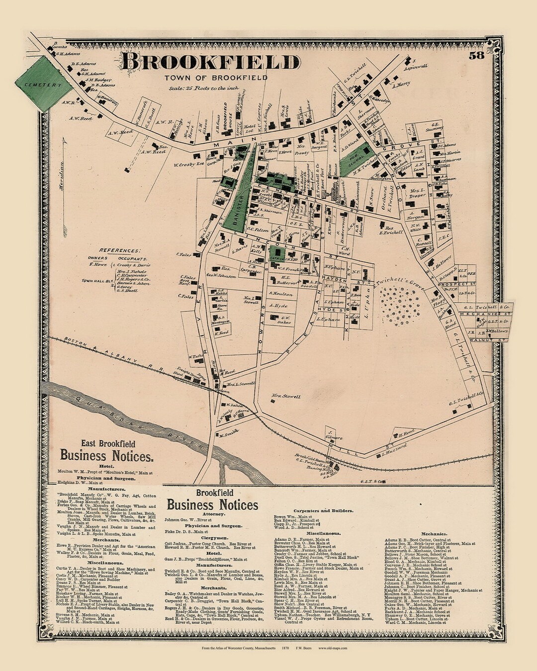 Brookfield Village 1870 Old Town Map With Homeowner Names Massachusetts ...
