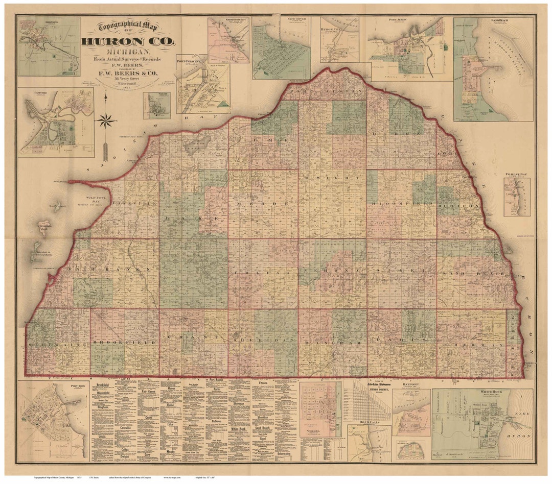 Huron County Michigan 1875 - Old Wall Map Reprint With Homeowner Names ...