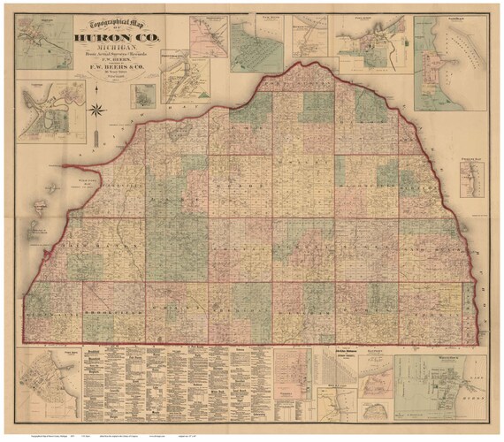 Huron County Michigan 1875 Old Wall Map Reprint With | Etsy