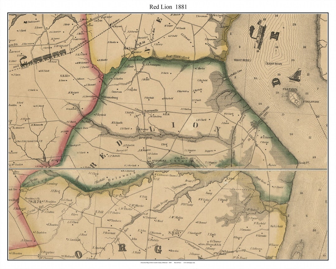 Red Lion Delaware 1849 Old Town Map With Homeowner Names - Reprint ...