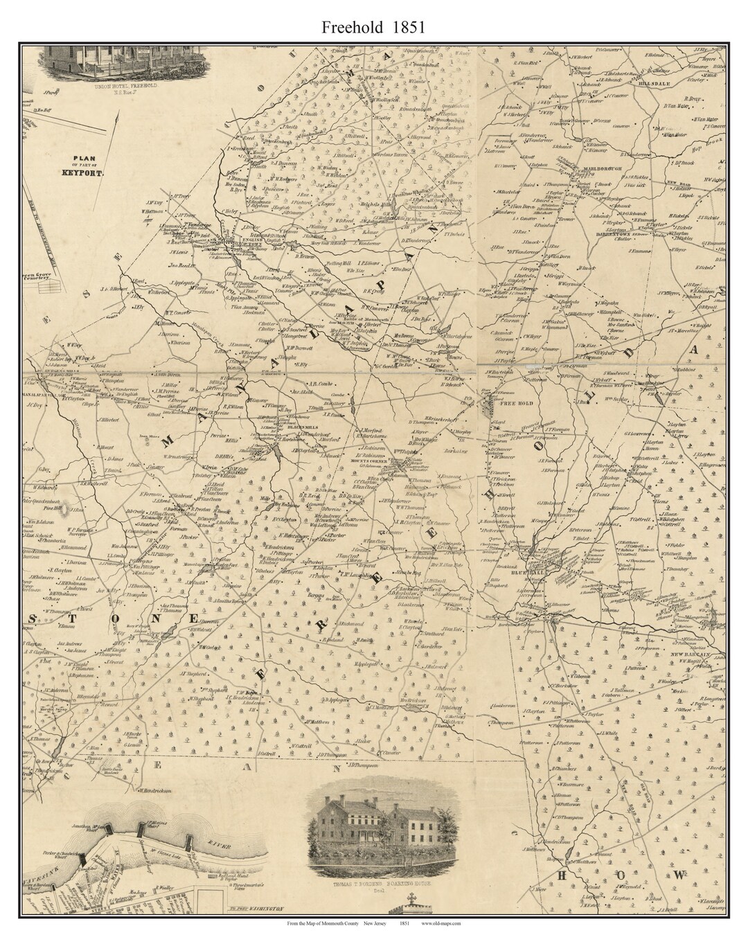 Freehold 1851 Old Town Map With Homeowner Names - New Jersey - Reprint ...