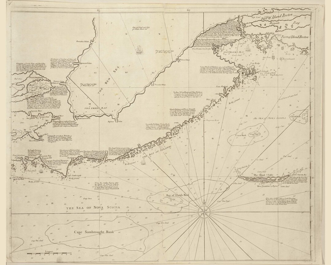 Nova Scotia East to Cape Breton 1734 Old Map Gulf of St Lawrence USA ...
