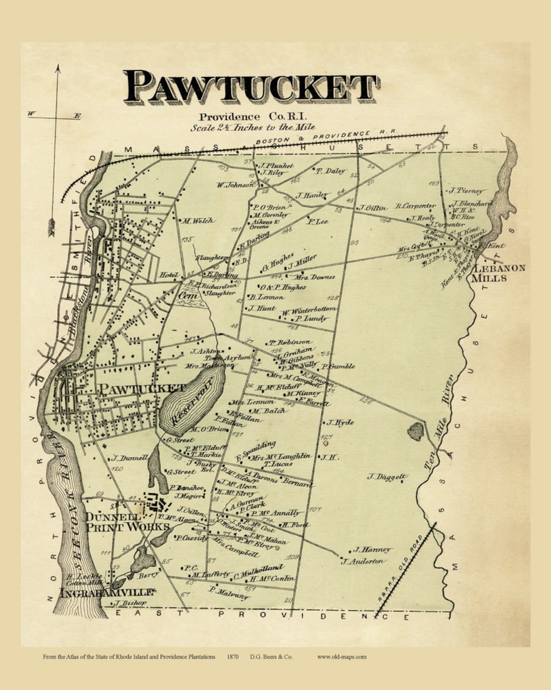 Pawtucket Rhode Island 1870 Old Town Map Reprint With Homeowner Names ...