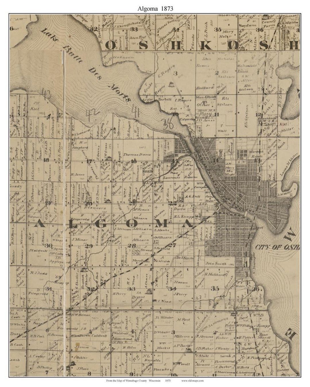 Algoma 1873 Old Town Map With Homeowner Names - Wisconsin - Reprint ...