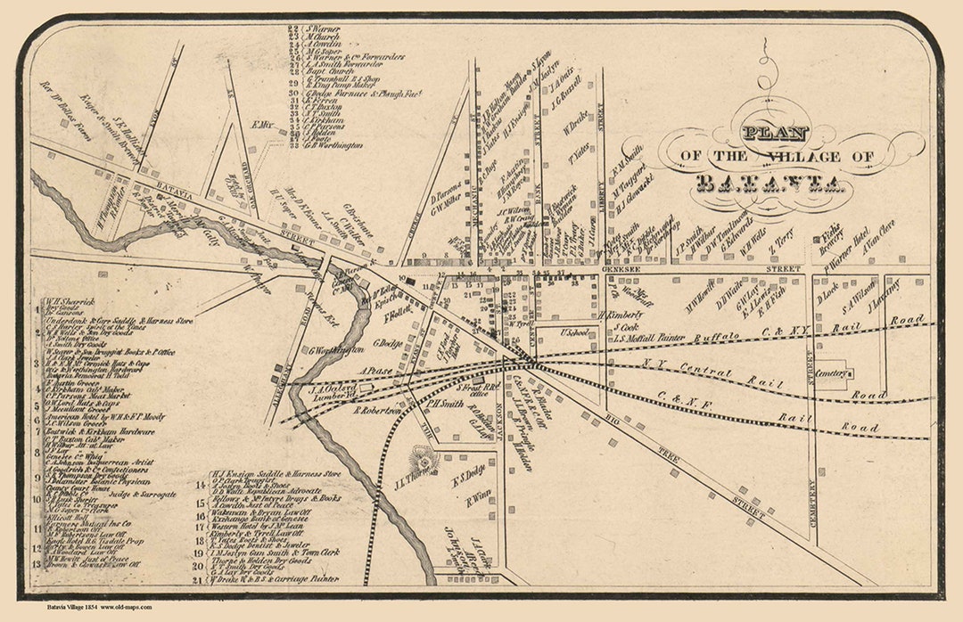 Batavia Village 1854 Old Town Map With Homeowner Names New York ...