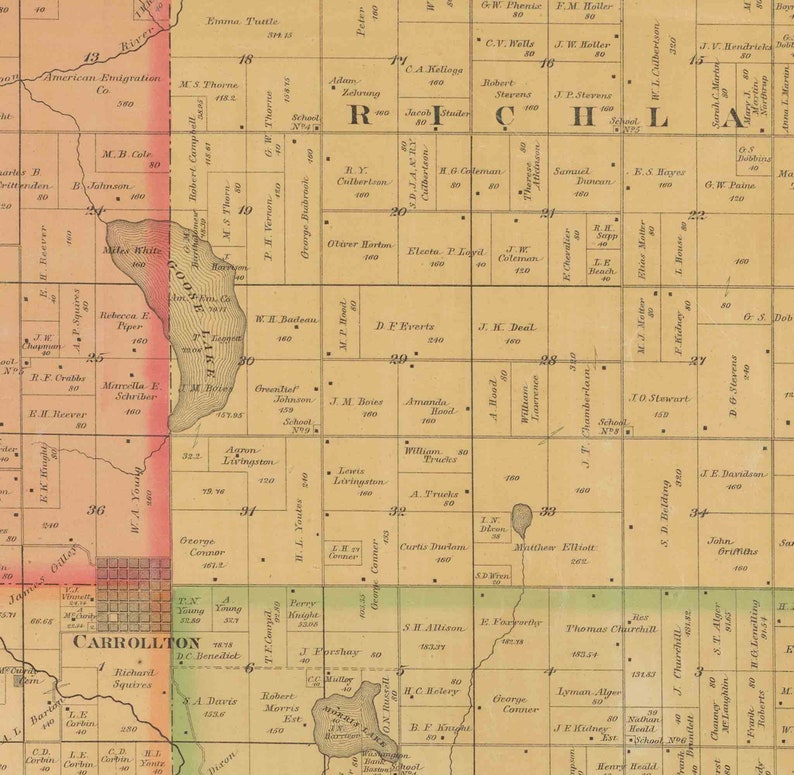 Carroll County Iowa 1884 Old Wall Map With Landowner Names Farm Lines ...