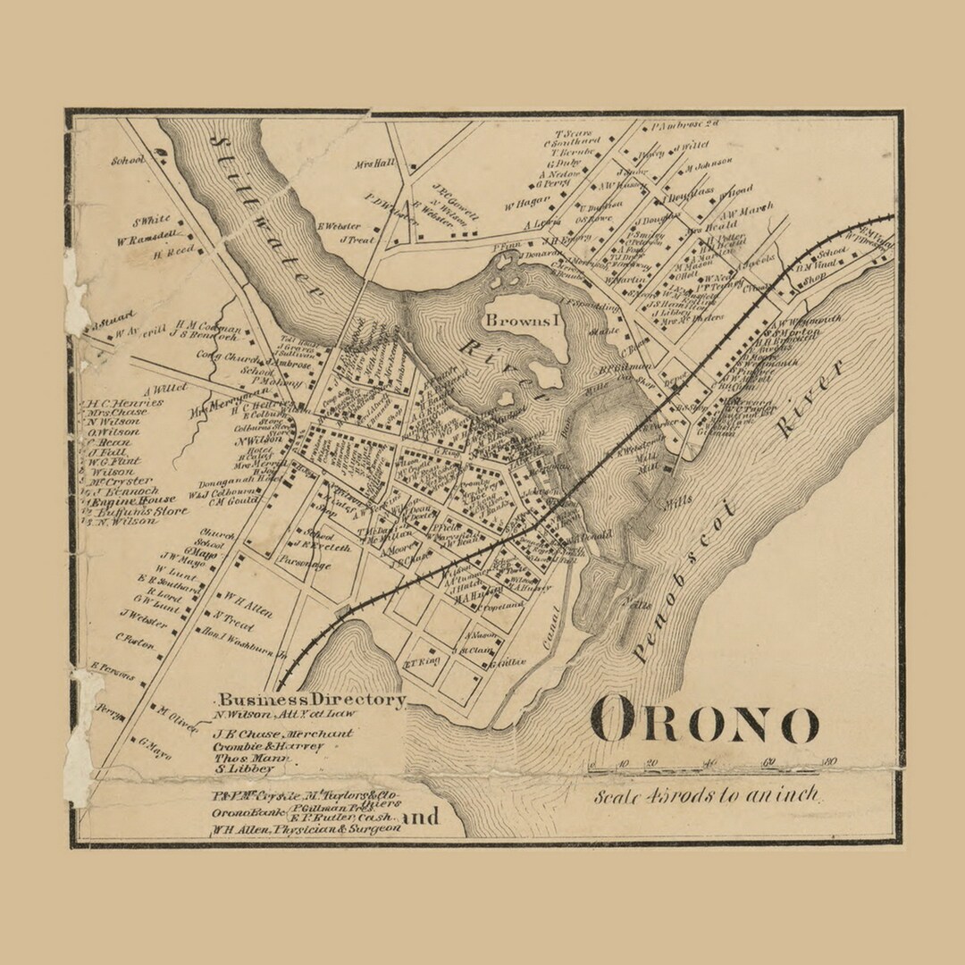 Orono Village 1859 Old Town Map With Homeowner Names Maine - Reprint ...