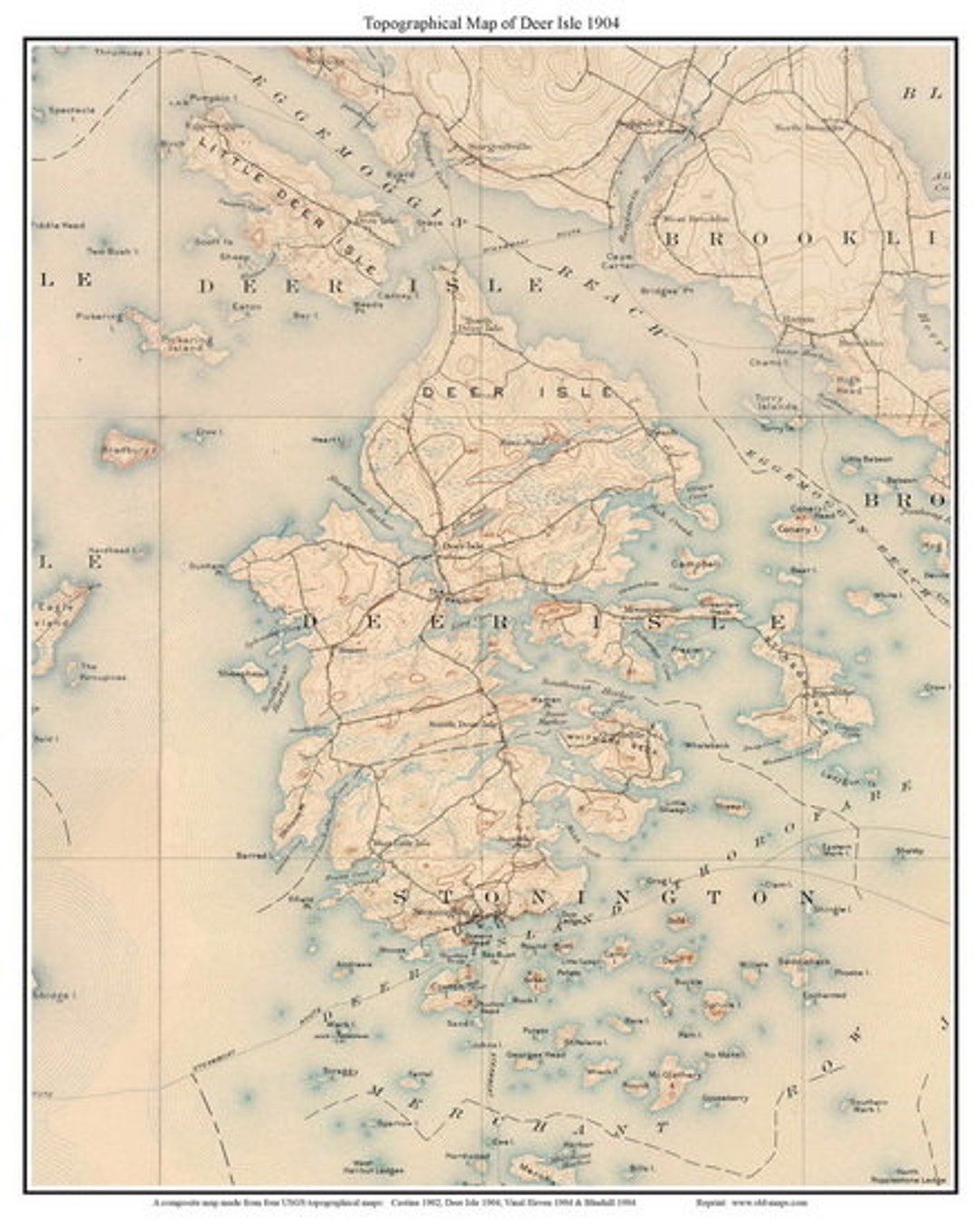 Deer Isle 1904 Old Topographic Map USGS Custom Composite Reprint Maine ...