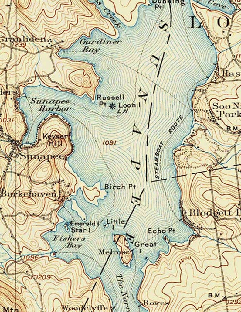 Lake Sunapee Big Area Ca 1930 USGS Old Topographical Map - Etsy