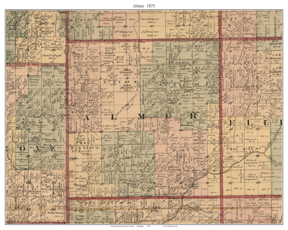 Almer 1875 Old Town Map With Homeowner Names Michigan - Reprint ...