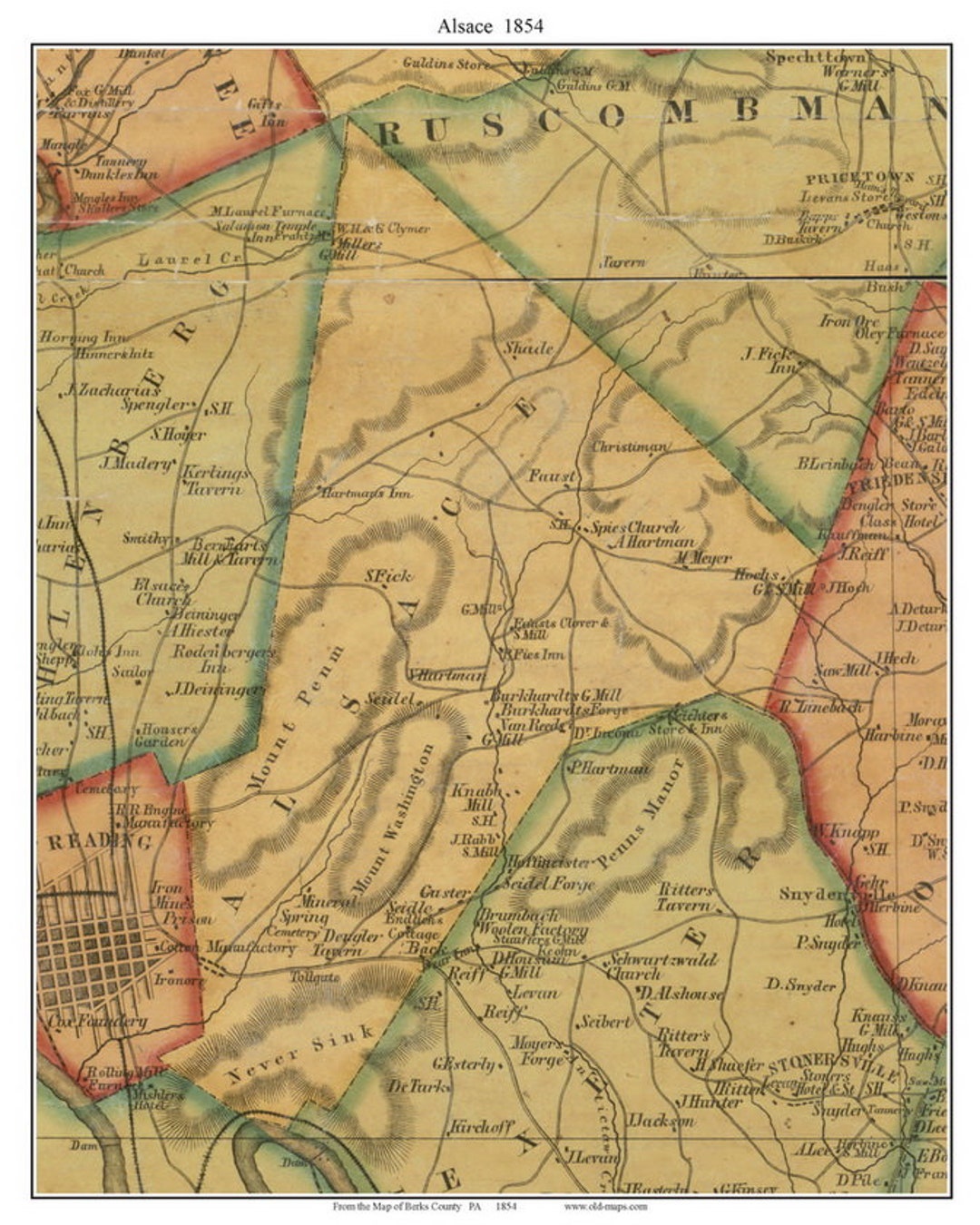Alsace 1854 Old Town Map With Homeowner Names - Pennsylvania - Reprint ...