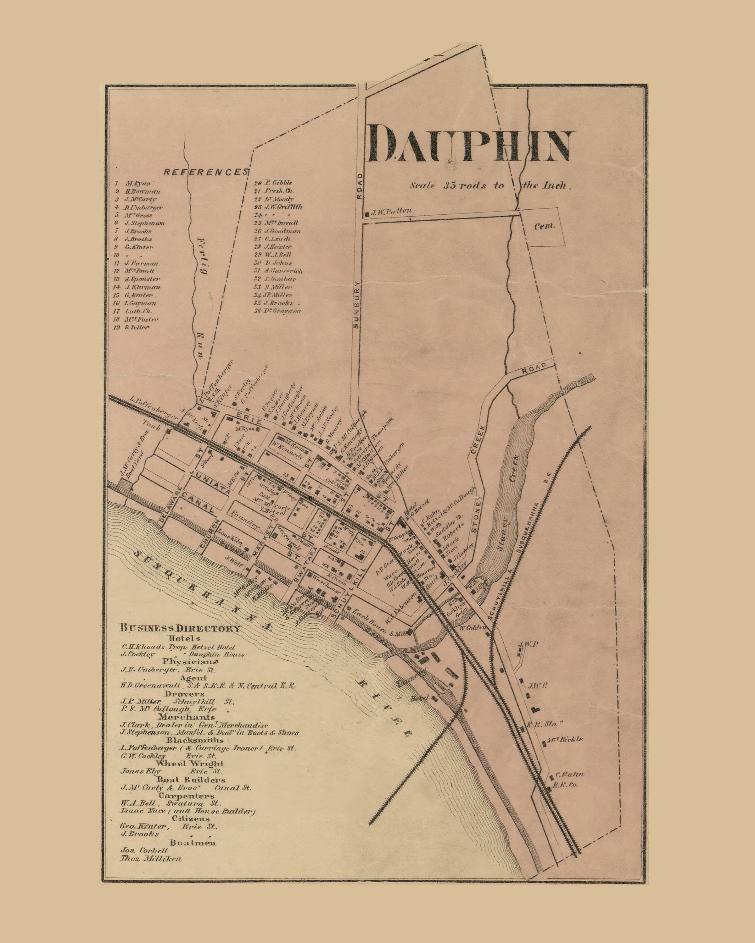 Dauphin 1862 Old Town Map With Homeowner Names Middle Paxton ...