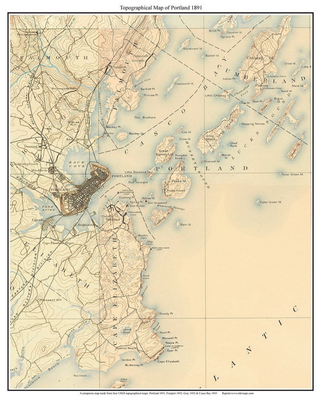 Portland 1891 Old Topographic Map USGS - Custom Composite Reprint Maine ...