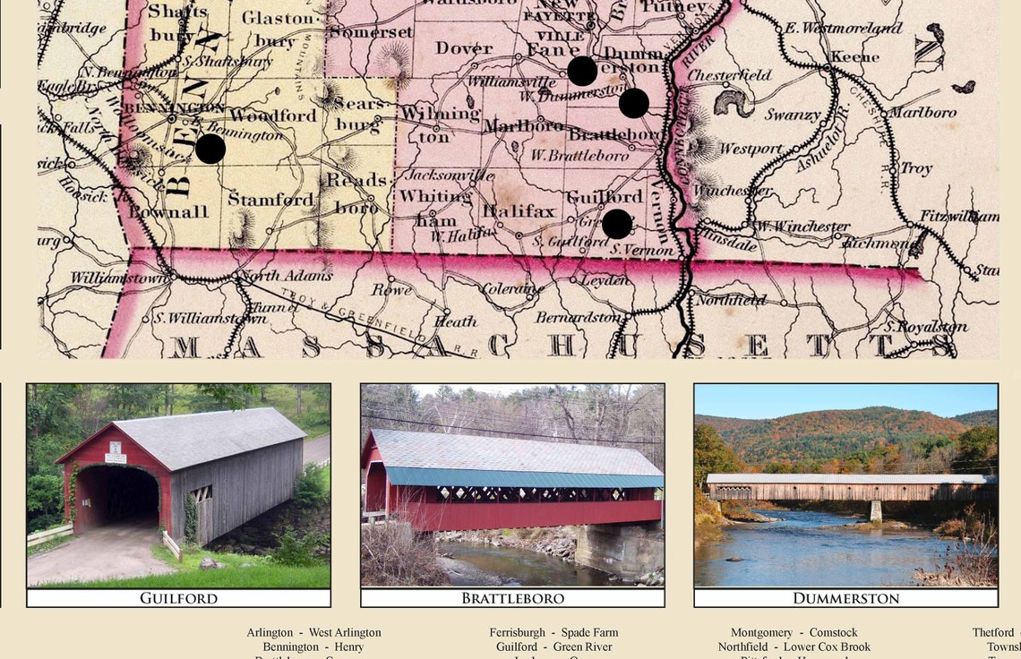 Covered Bridges of Vermont - 1856 Colton Map - 2014 Publication - Old ...