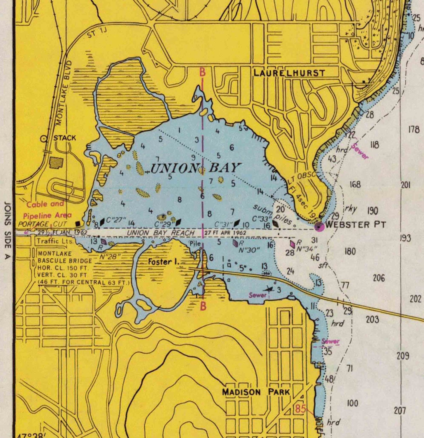 Lake Washington 1964 Nautical Map, Washington, Reprint PC Harbors Puget ...