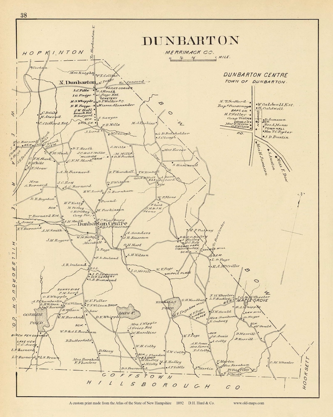 Sutton 1892 Map - Homeowner Names Custom Reprint Merrimack County New ...