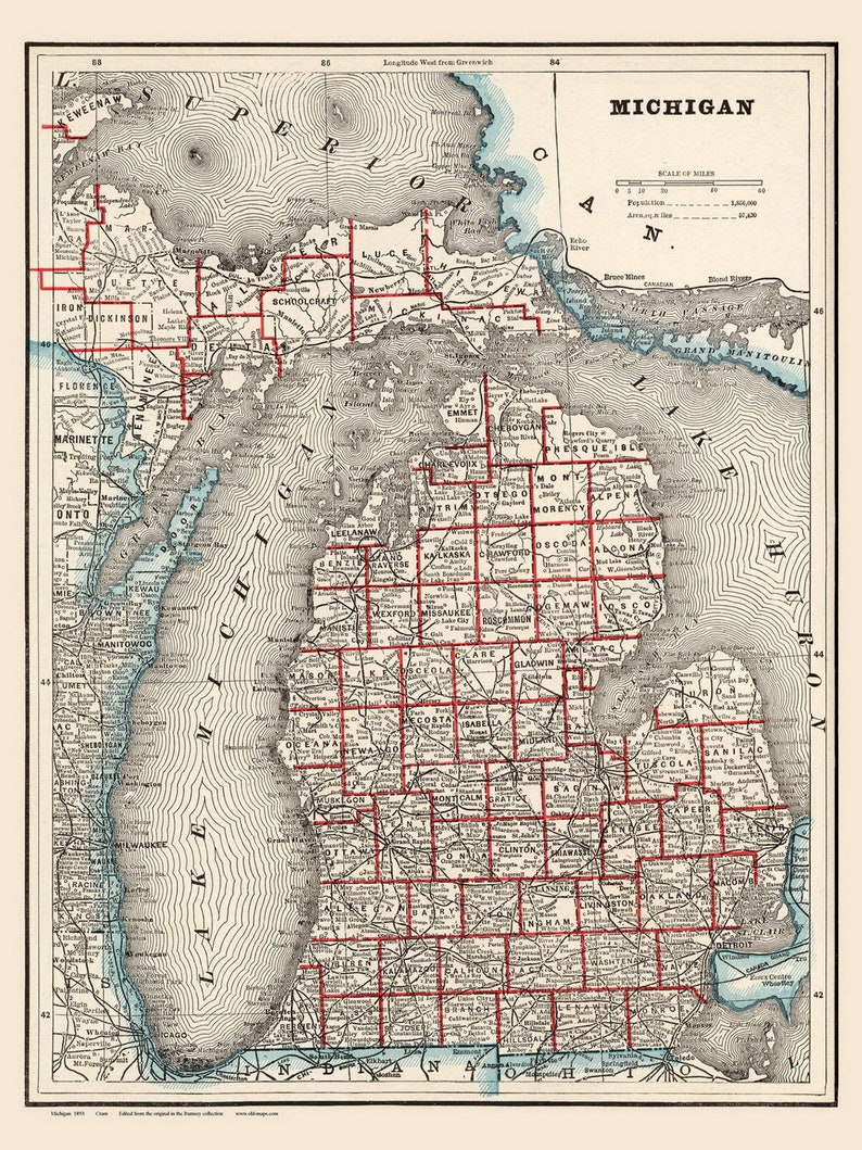 Michigan State Map 1893 Old State Map Reprint - Etsy