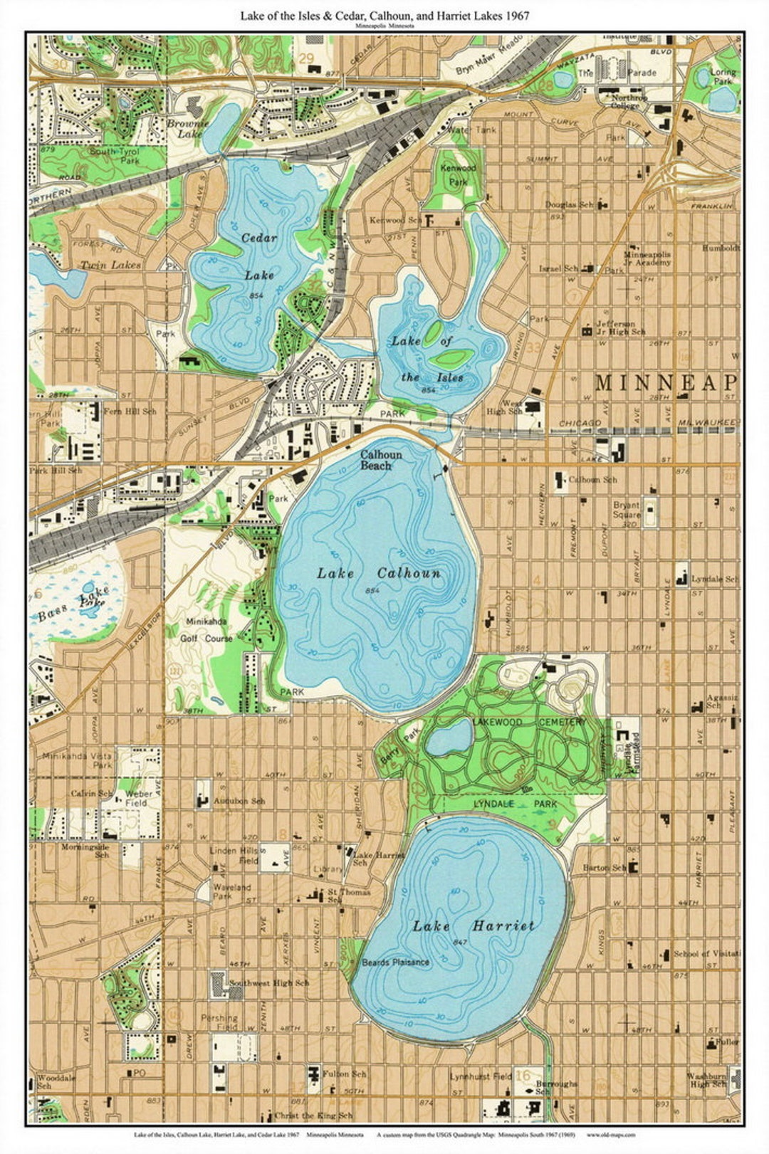 Lake Calhoun - 1967 Map Reprint Cedar Lake Harriet Lake of the Isles ...