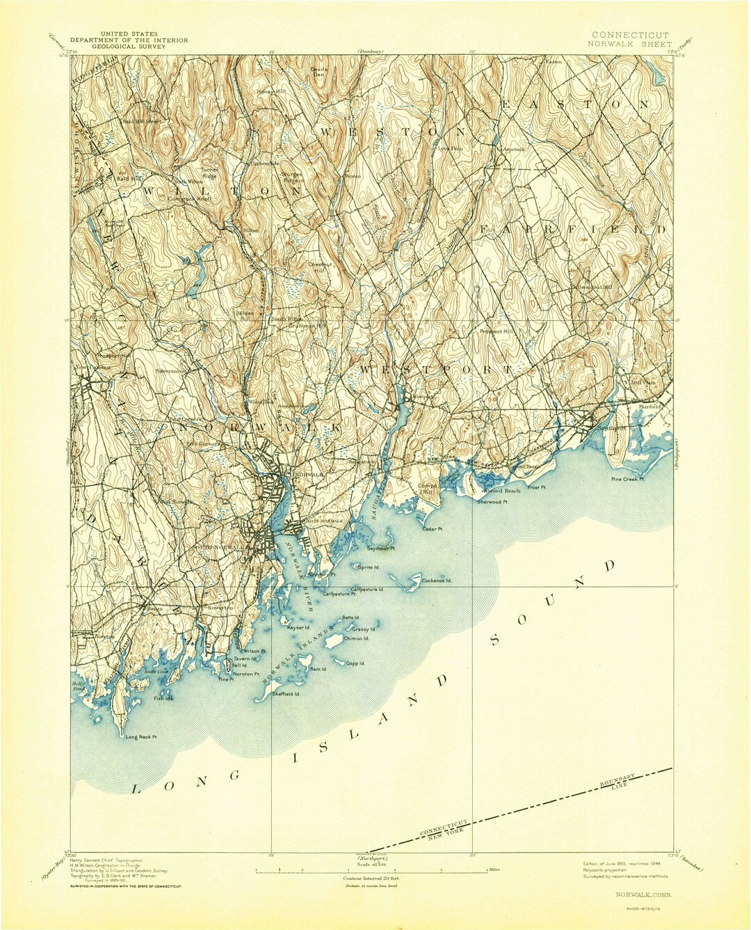 Norwalk 1893 (1944) Old Topo Map Westport Weston Darien Fairfield Long ...