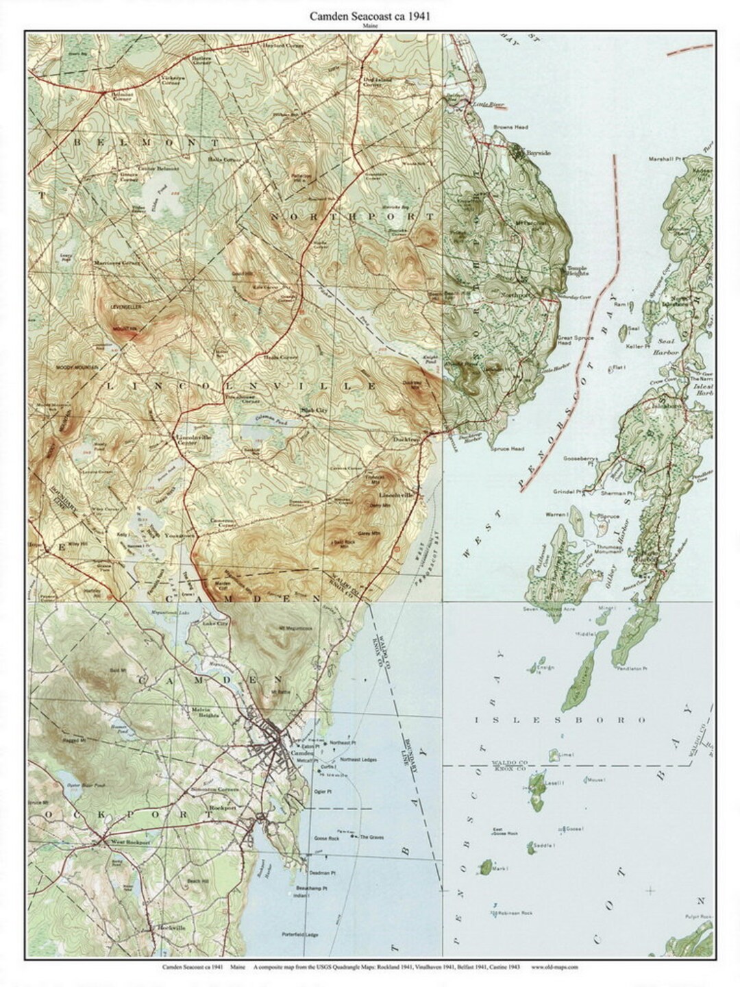 Camden Seacoast 1941 Old Topographic Map USGS Custom Composite Reprint ...