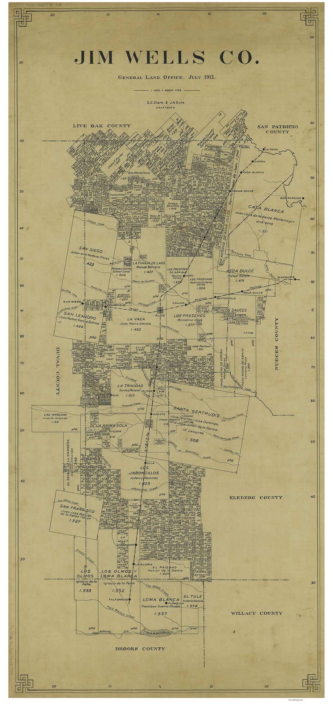 Jim Wells County, Texas - 1913 Copy B - Old Wall Map Reprint With Lot ...