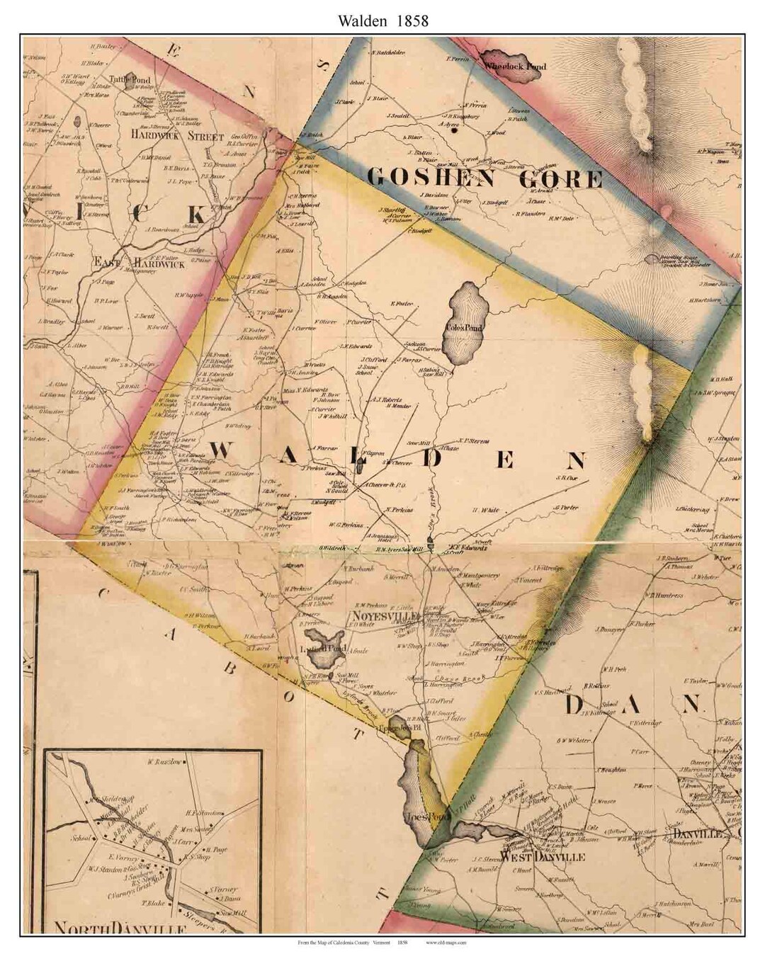 Walden 1858 Old Town Map With Homeowner Names - Vermont - Reprint ...