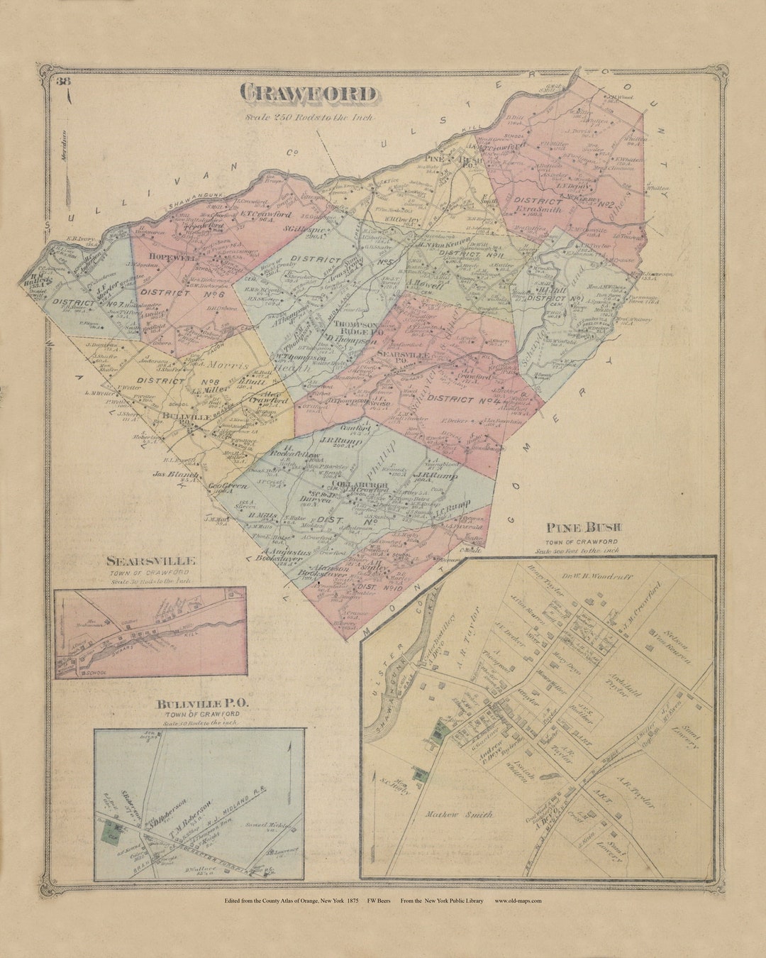 Crawford 1875 Map Homeowner Names Searsville Bullville Pine Bush ...