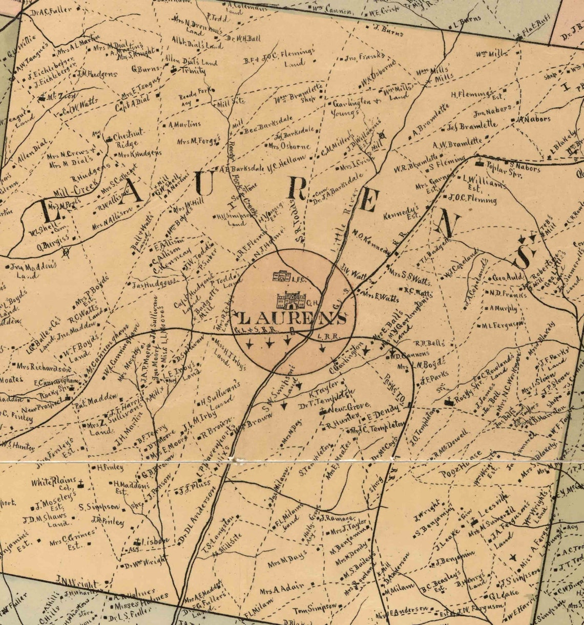Laurens County South Carolina 1883 Wall Map With Homeowner | Etsy