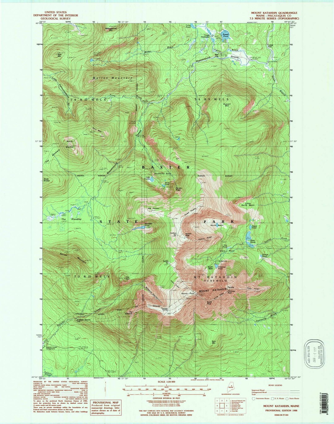 Mount Katahdin 1988 Old Topo Map Baxter State Park Russell Pond 7x7 ...