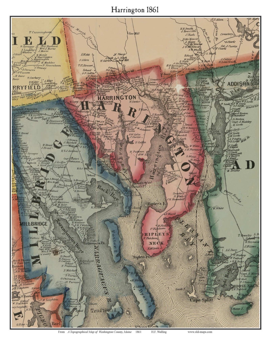 Harrington 1861 Old Town Map With Homeowner Names Maine - Reprint ...
