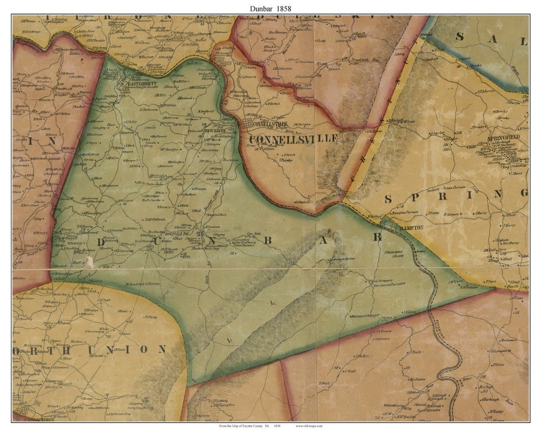 Dunbar 1858 Old Town Map With Homeowner Names - Pennsylvania- Reprint ...