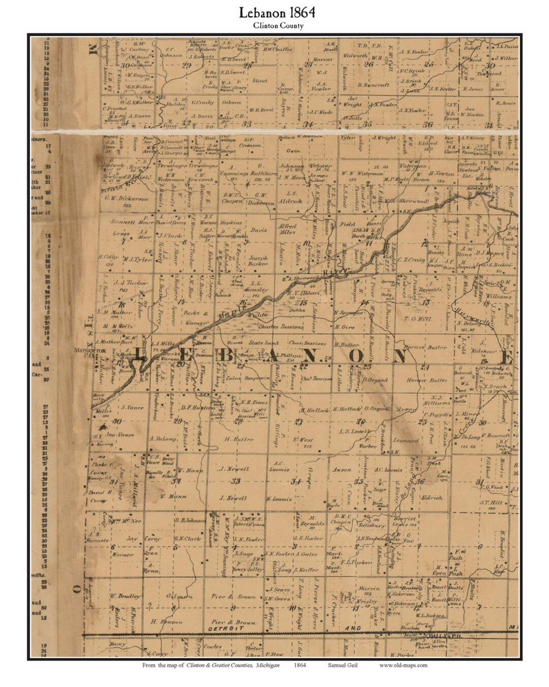 Lebanon 1864 Old Town Map With Homeowner Names - Maple River - Michigan ...
