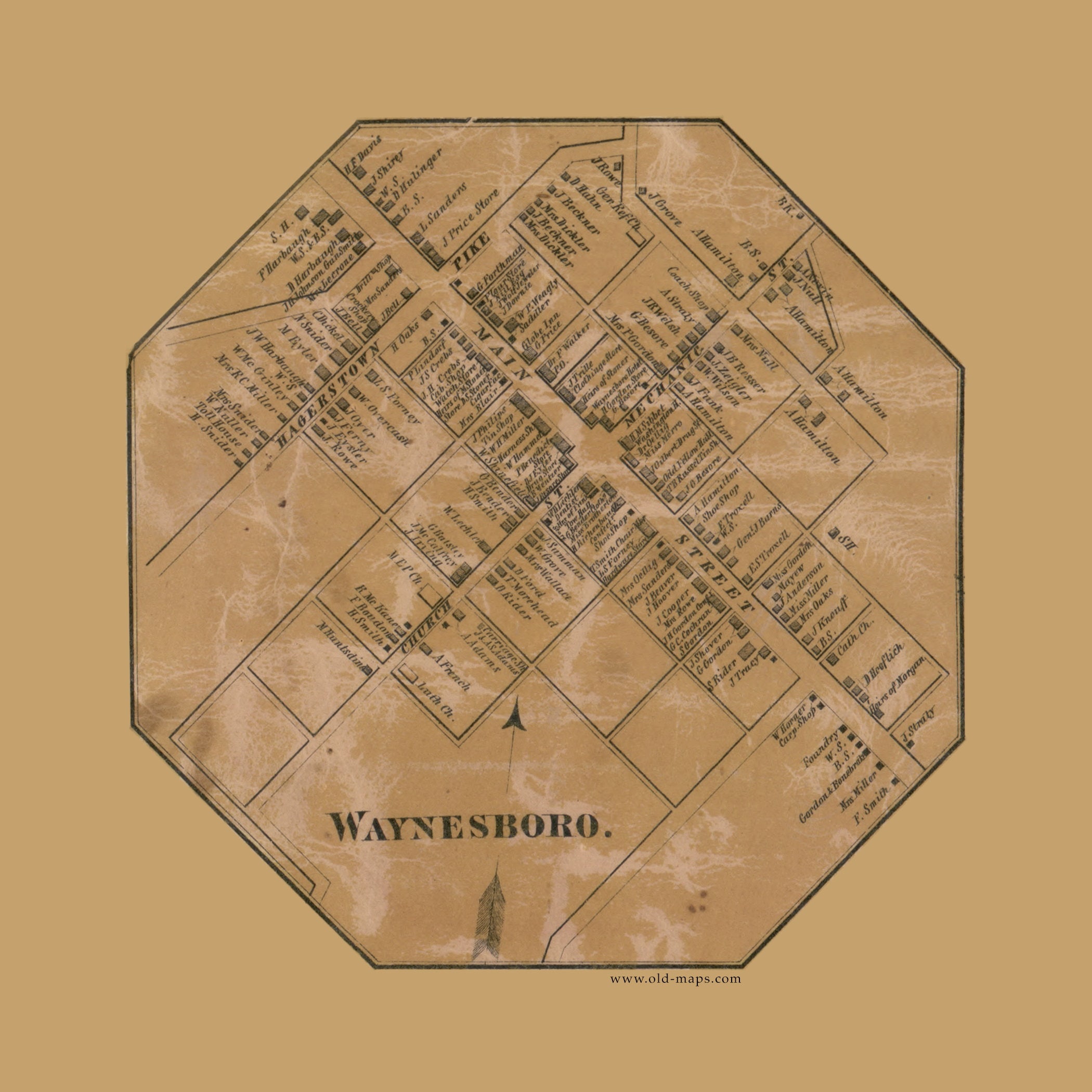 Waynesboro 1858 Old Town Map With Homeowner Names Washington ...