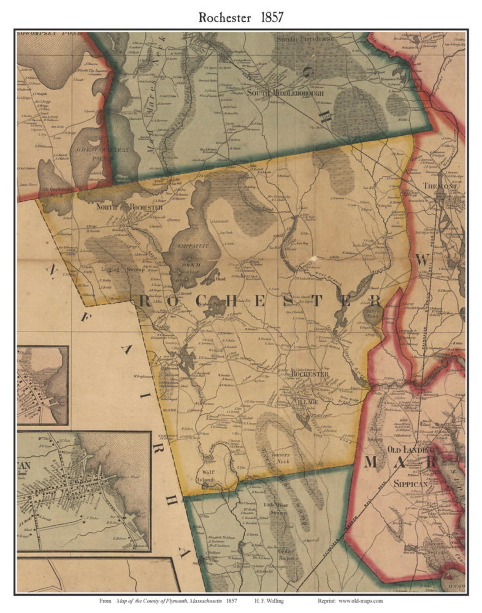 Rochester 1857 Old Town Map With Homeowner Names Massachusetts - Etsy